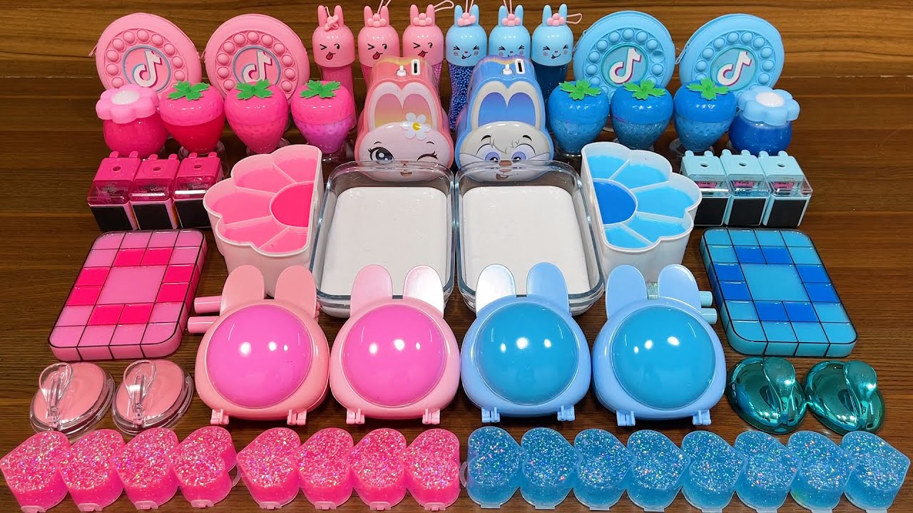 BLUE vs PINK RABBITS!!! Mixing random into GLOSSY slime!!!Satisfying ...