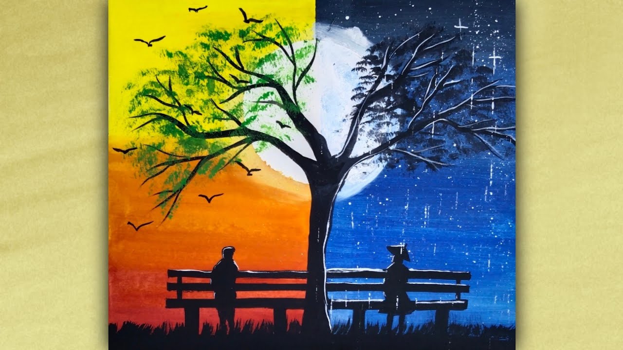 how to draw a day and night scenery with poster color for beginners ...