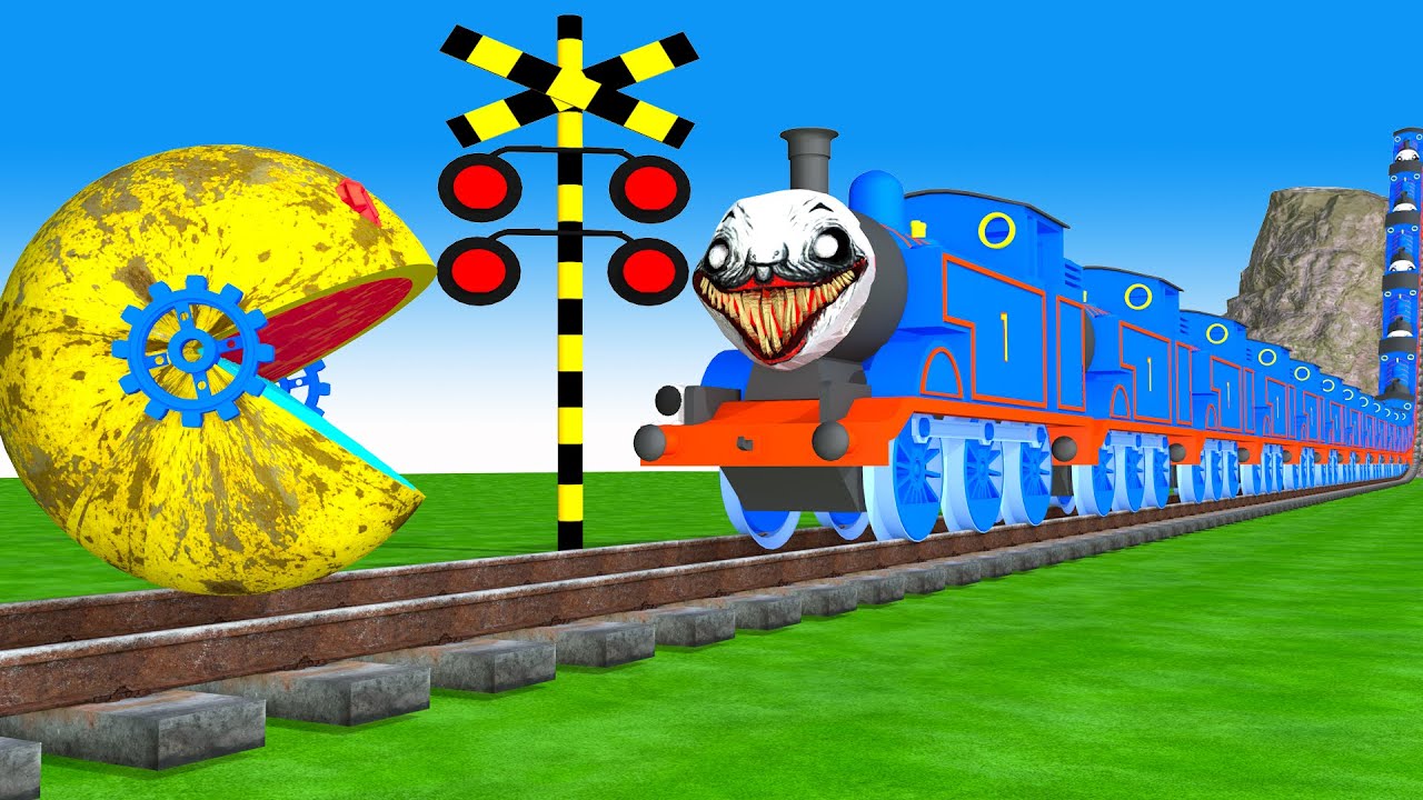 【踏切アニメ】あぶない電車 TRAIN Thomas Vs Pacman 🚦 踏切 Fumikiri 3D Railroad Crossing ...
