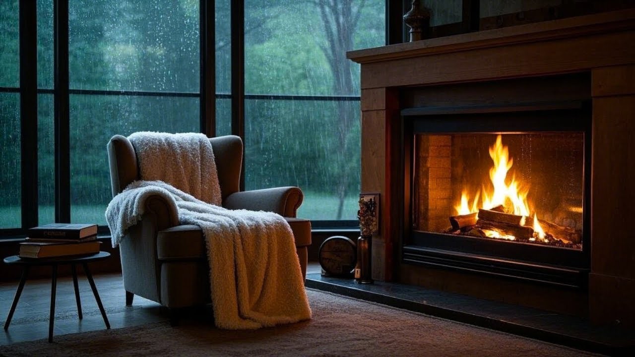 Cozy Autumn Reading Nook Ambience Warm Jazz Music with Heavy Rain ...