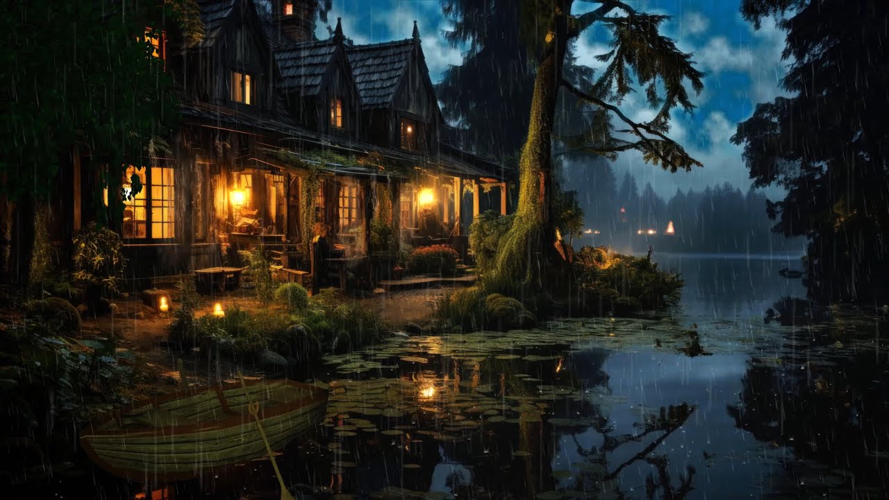 Fall asleep II Heavy Rain.Cabin on the Lake. Soothing sounds of heavy ...