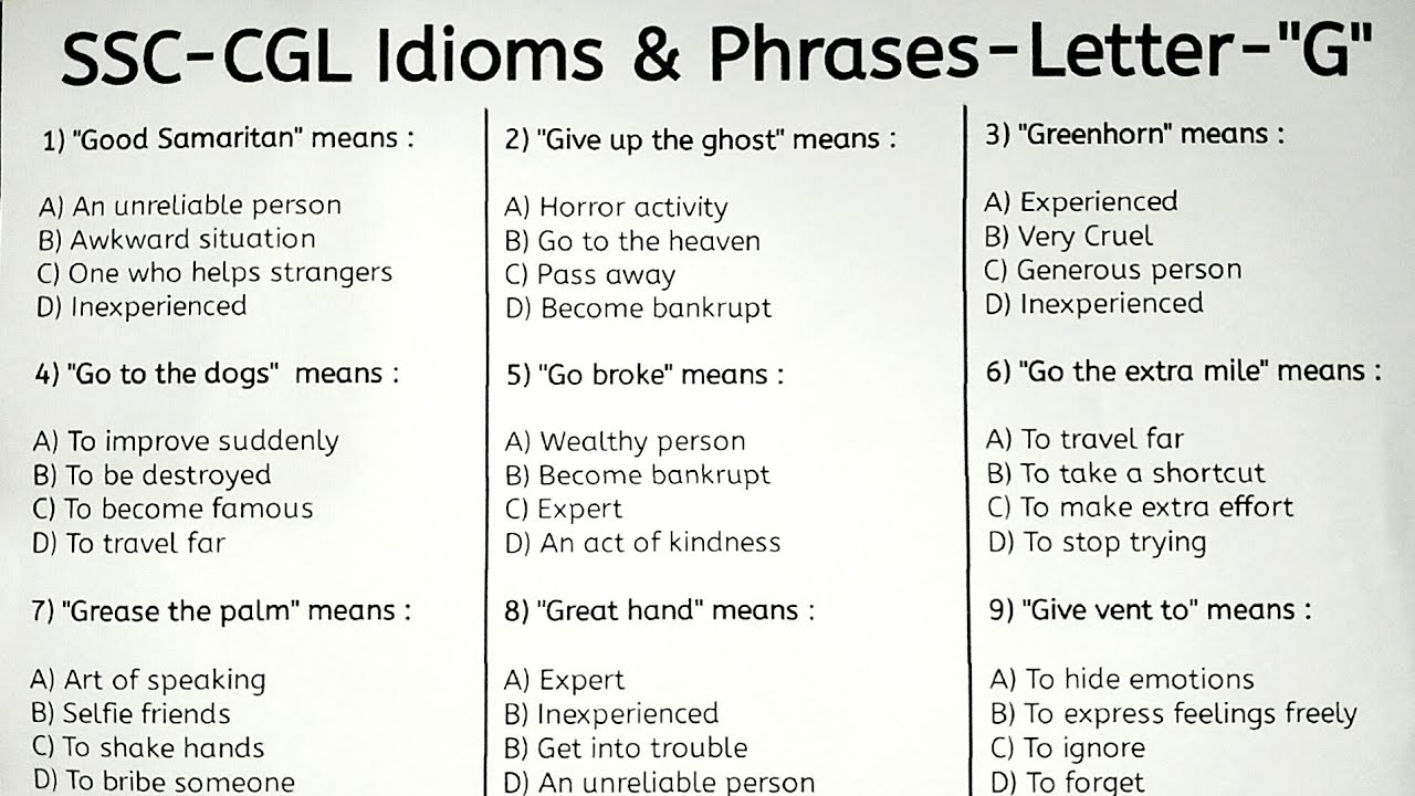 SSC-CGL Idioms & Phrases | PYQs | Part – 7 — Letter "G" | Idioms Course ...