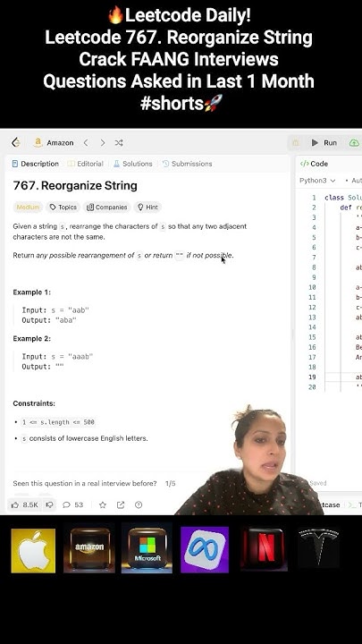 🔥LeetcodeDaily! Leetcode767. Reorganize String- Last 1 month Questions #faang interviews🚀#shorts ...