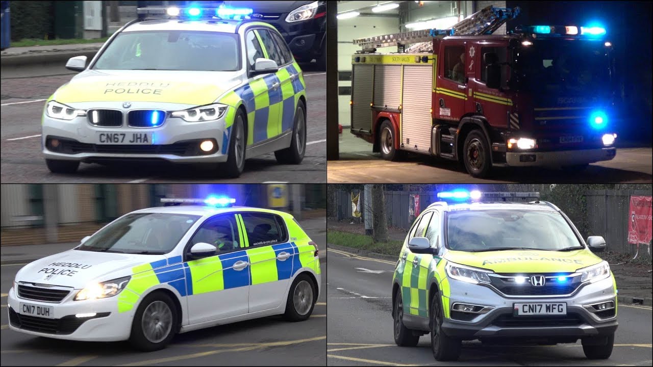 Fire Engine, Police Cars and Ambulances responding with siren and ...