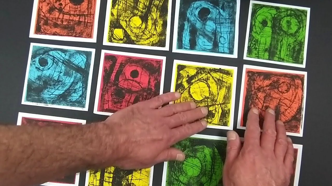 Monoprinting multi panel abstract design on coloured paper - YouTube