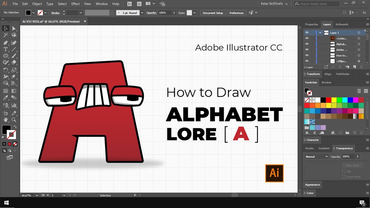 How to draw Cartoon ALPHABET LORE A in Vector ART Adobe Illustrator ...