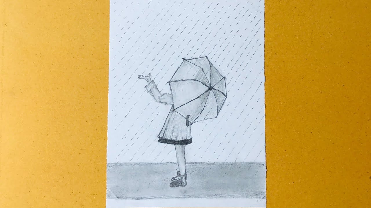 Alone girl standing in rain with umbrella with pencil drawing#art # ...