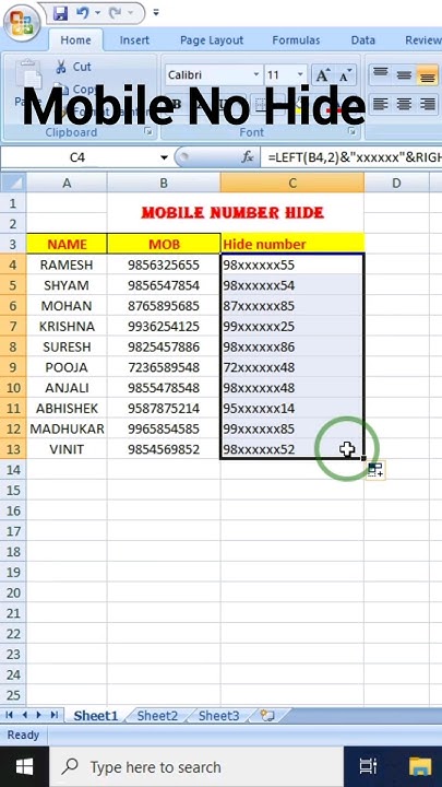 mobile number hidden in ms excel 🔥 hide middle number of mob - YouTube