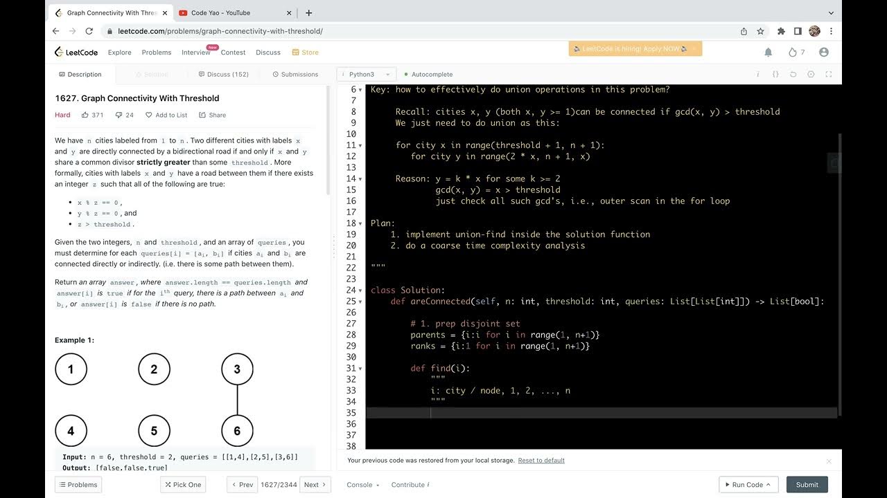 Leetcode 1627. Graph Connectivity With Threshold - Disjoint set / union-find - YouTube
