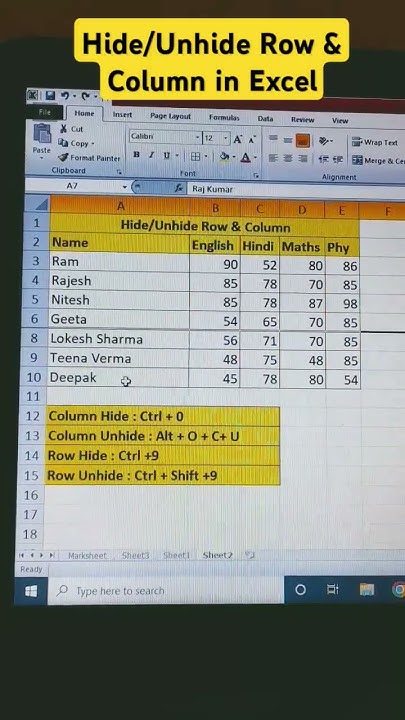Hide Unhide Row and Column in Excel #shorts #ms_excel - YouTube