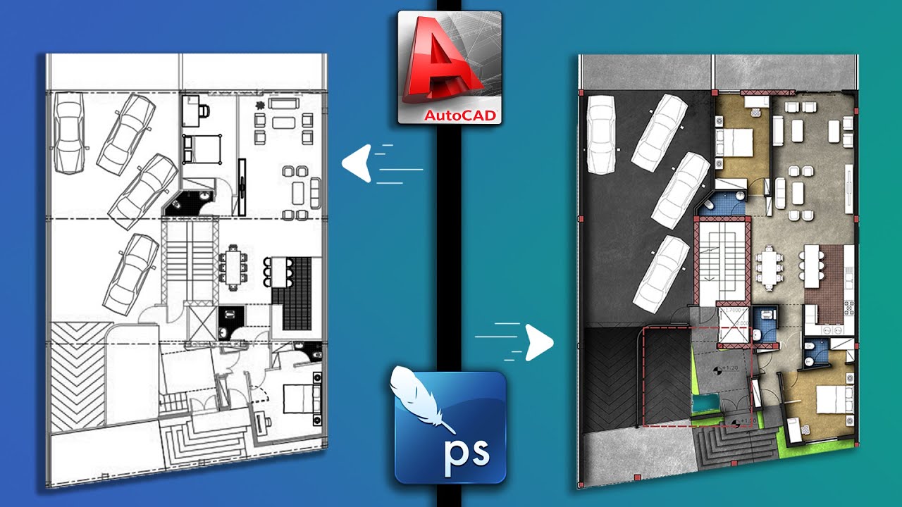 Architectural plan rendering by photoshop - step by step - YouTube