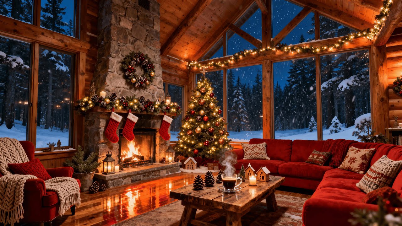 🎄 24/7 COZY CHRISTMAS CABIN FIREPLACE — SOFT JAZZ & HEAVY SNOWFALL (4K ...