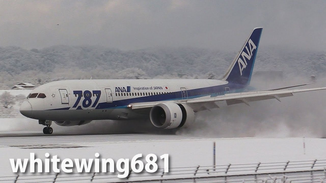 [B787 Reverse thrust in Snow] ANA 787-8 Dreamliner JA817A LANDING ...