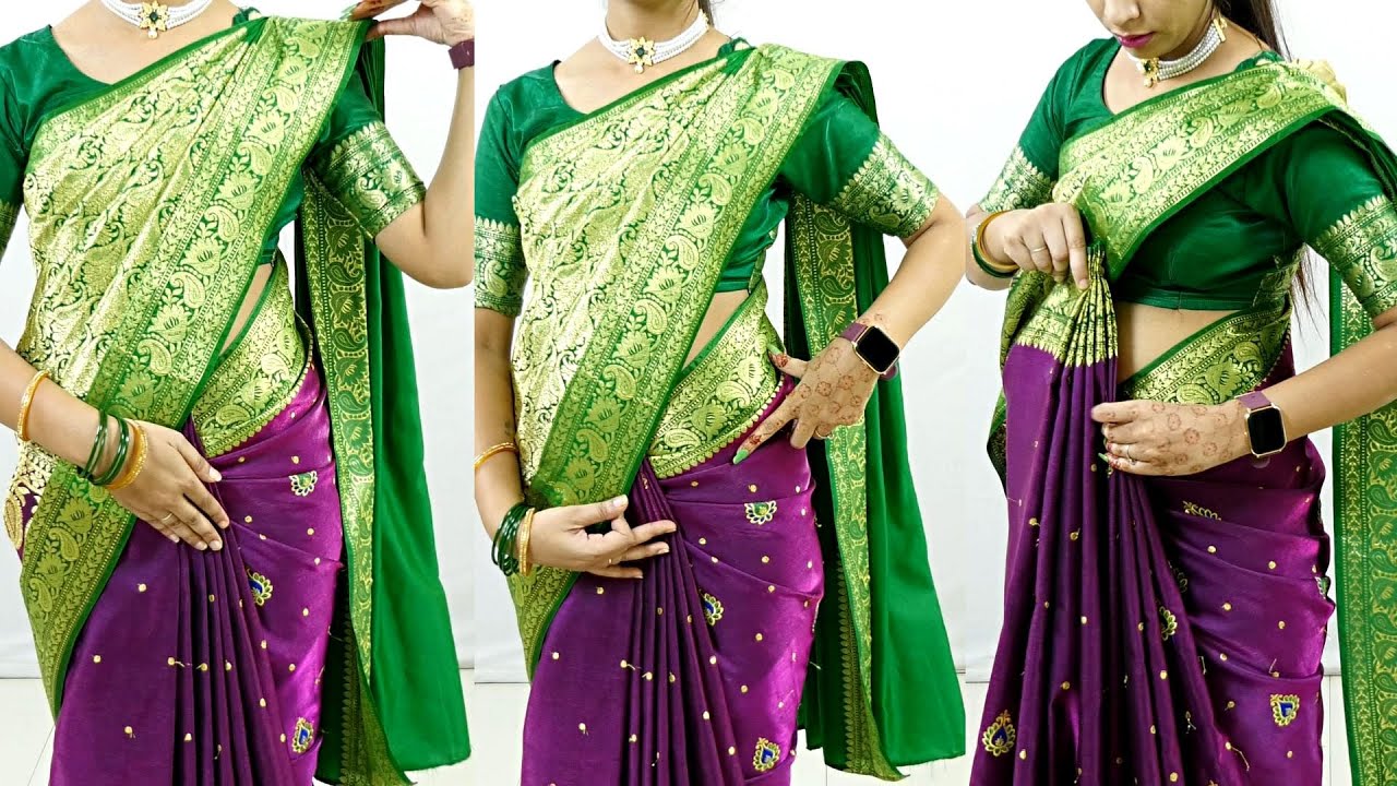 Easy step by step saree draping with perfect pleats for beginners ...