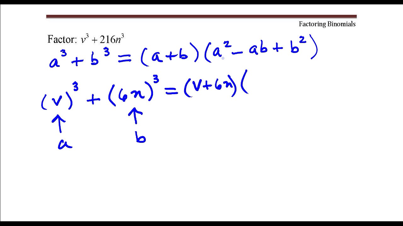 Factor the sum of cubes binomial v^3+216n^3 - YouTube