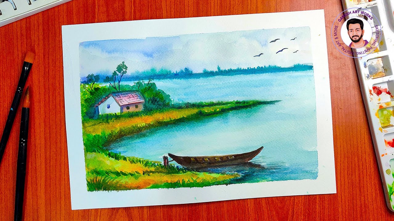 watercolor landscape painting | lake side nature drawing - YouTube