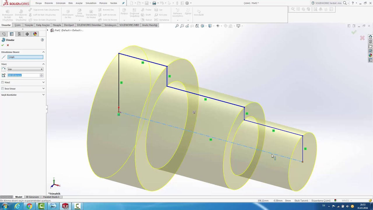 solidworks döndürerek katı oluştur-revolved base komutu - YouTube