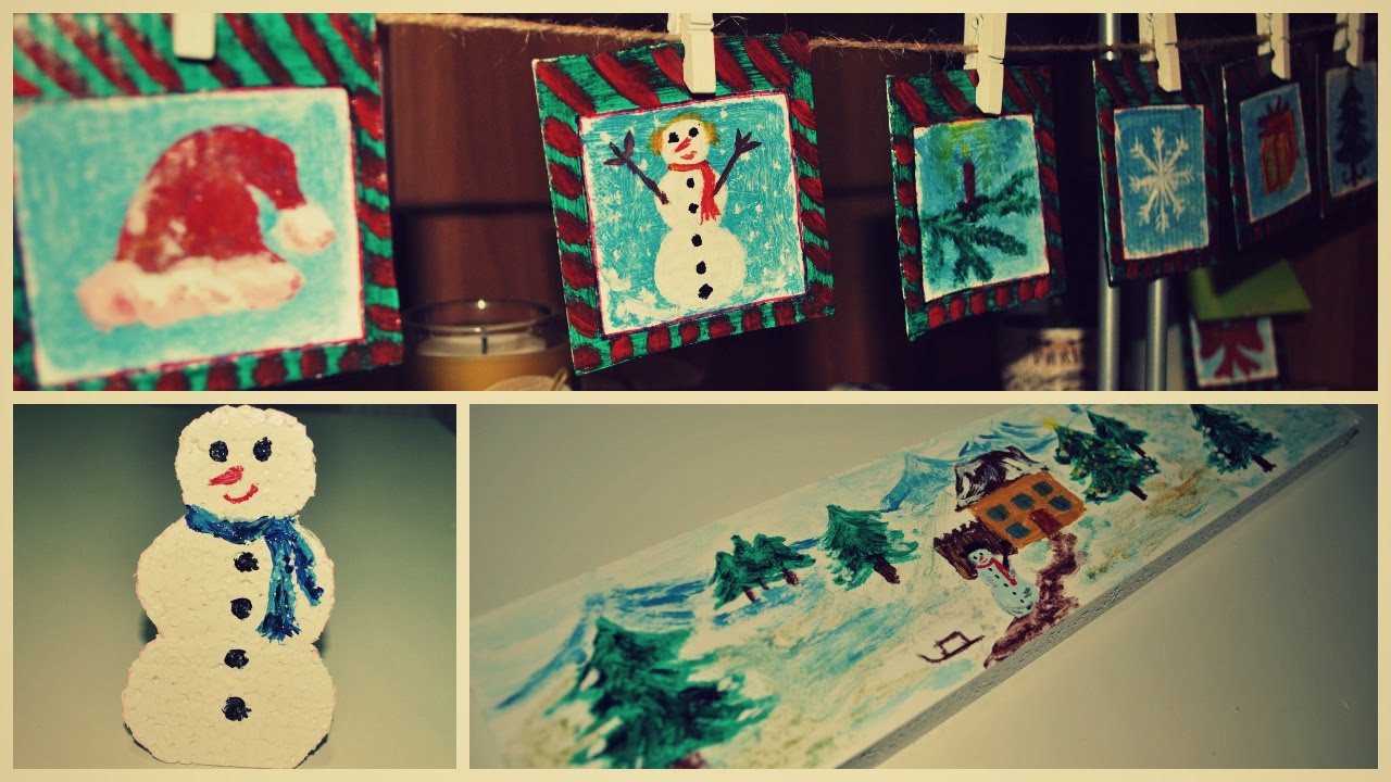 Winter decor DIY Hanging pictures, Snowman, Winter landscape board ...
