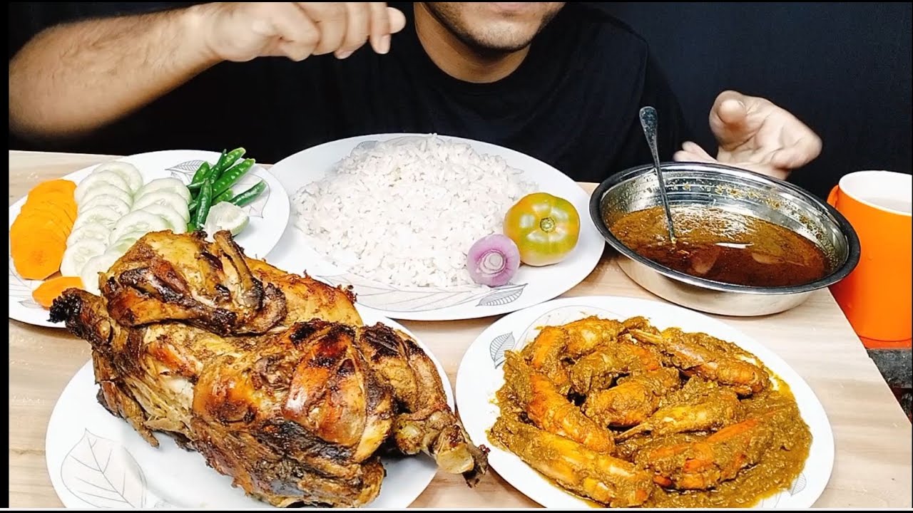 whole chicken grill eating with rice funny eating, the shrimp curry ...