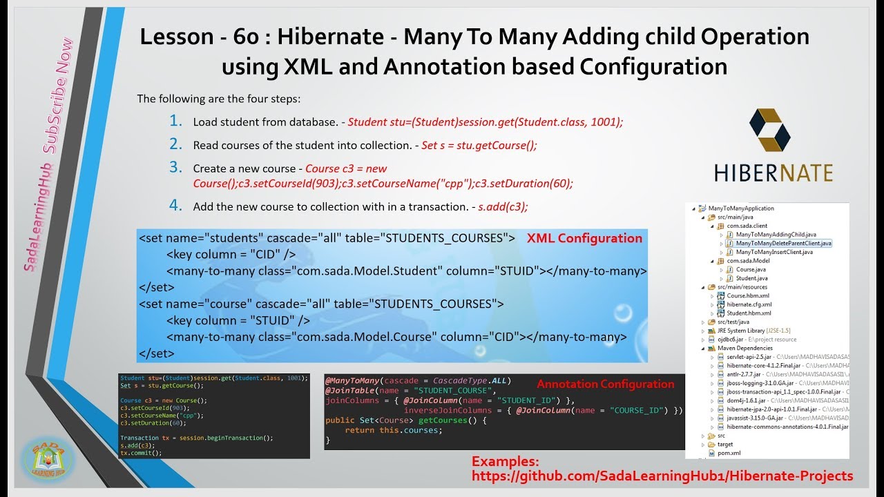 Lesson - 60 : Hibernate - Many To Many Adding child Operation using XML and Annotation based ...