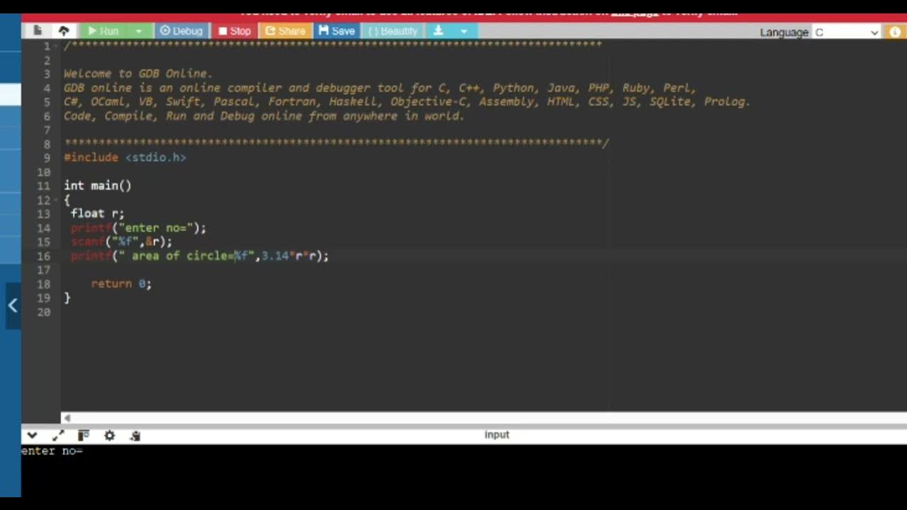 scanf() AREA OF CIRCLE in c programming simple coding #Computer( area of circle coding) basic ...