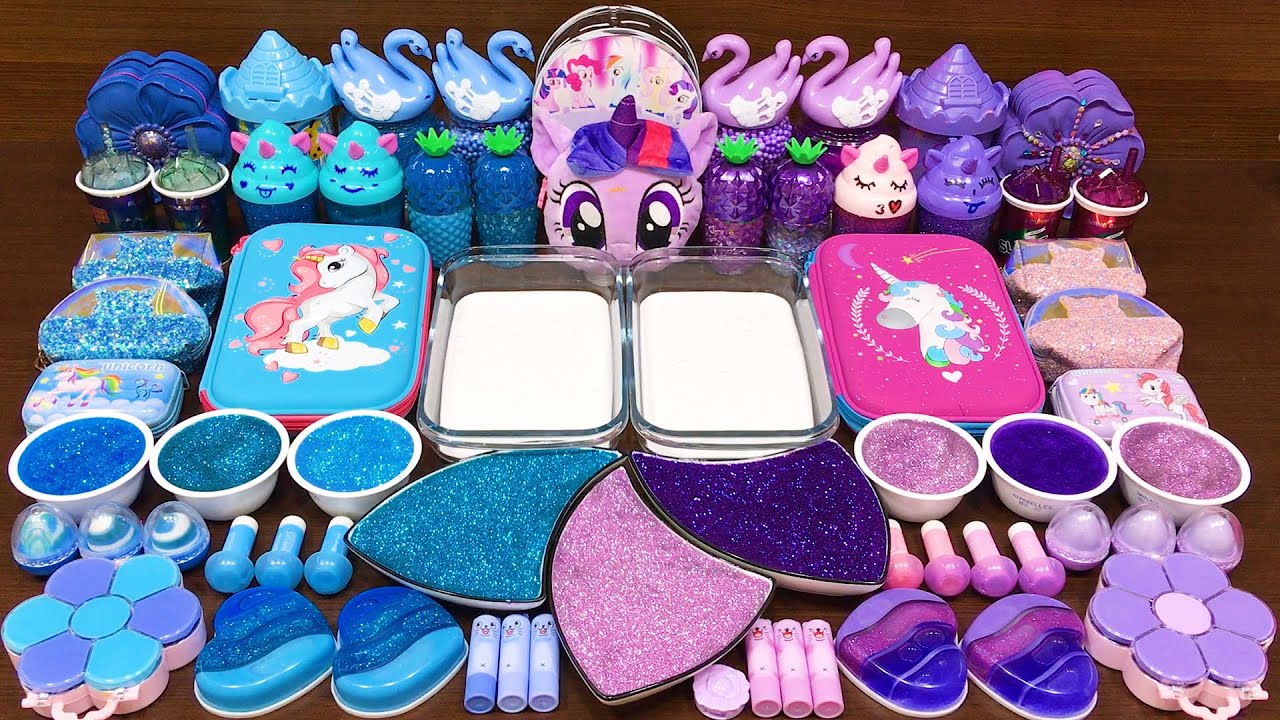 UNICORN BLUE vs PURPLE ! Mixing Random into GLOSSY Slime ! Satisfying ...