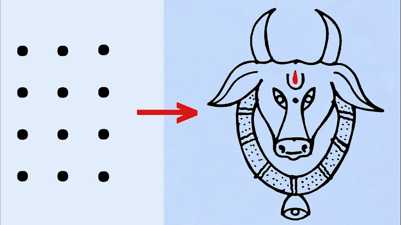 How to draw a Cow from 3×4 dots easy // Easy OX drawing // Cow Rangoli ...