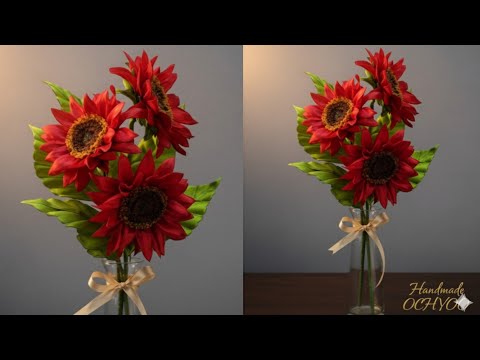 DIY flowers/ i made this beautifull red velvet sunflower only with satin ribbon