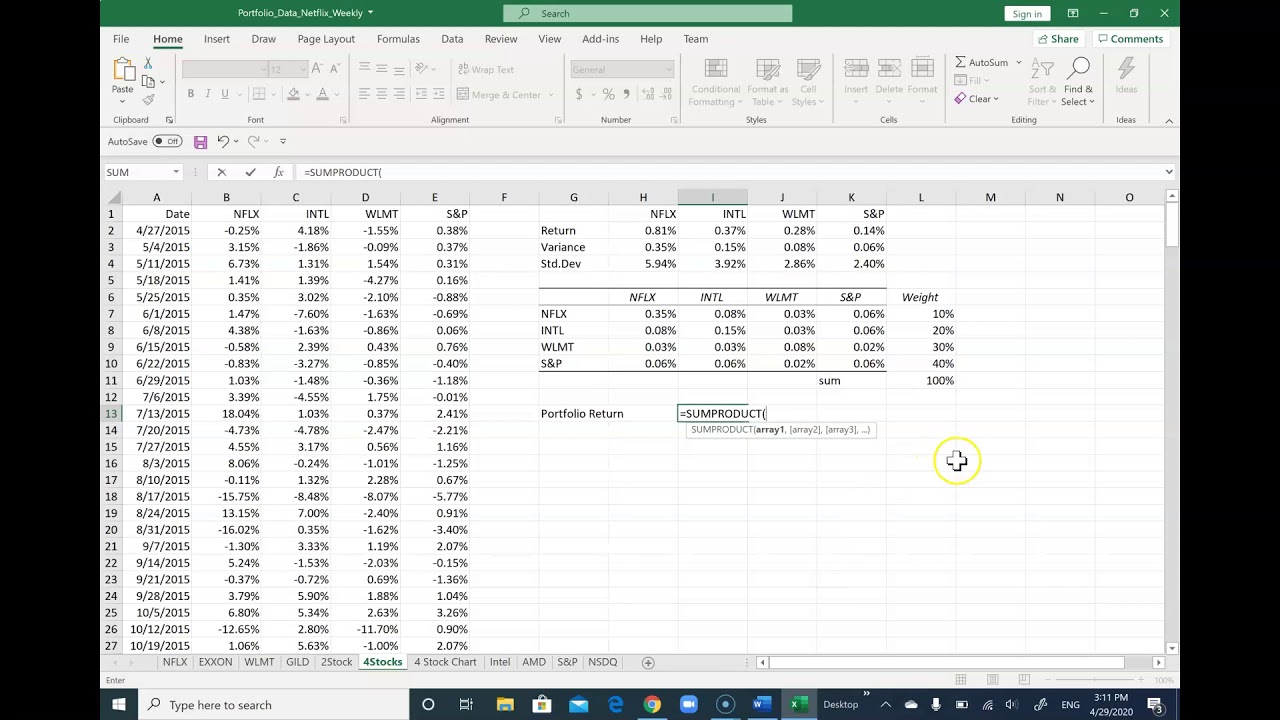 Four Stock Portfolio and Graphing Efficient Portfolio Frontier - YouTube