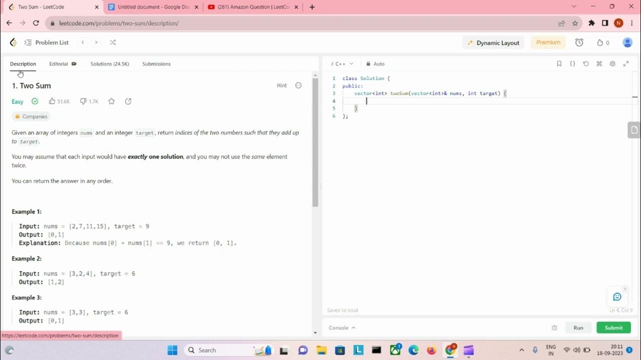 Leet Code Problem No 1 Two Sum Using Cpp Youtube