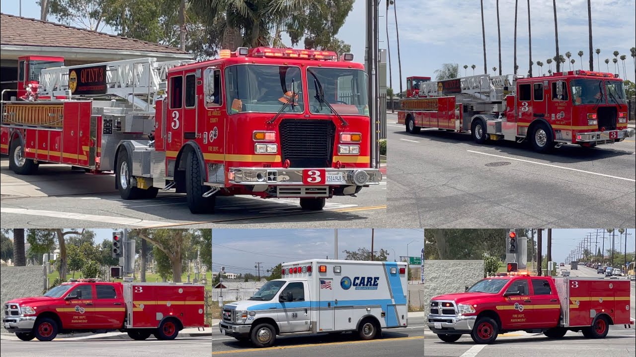 LACoFD Quint 3 & Squad 3 & CARE Ambulance Responding Code 3 [x2 ANGLES] - YouTube