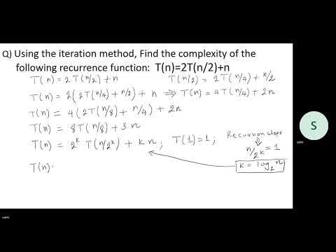 Using the iteration method, Find the complexity of the recurrence function: T(n)=2T(n/2)+n - YouTube