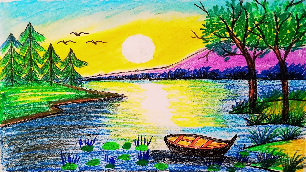 Vibrant Sunset Scenery | Easy Landscape Drawing - YouTube