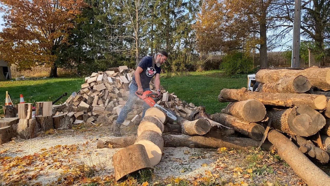 Bucking up firewood logs - YouTube