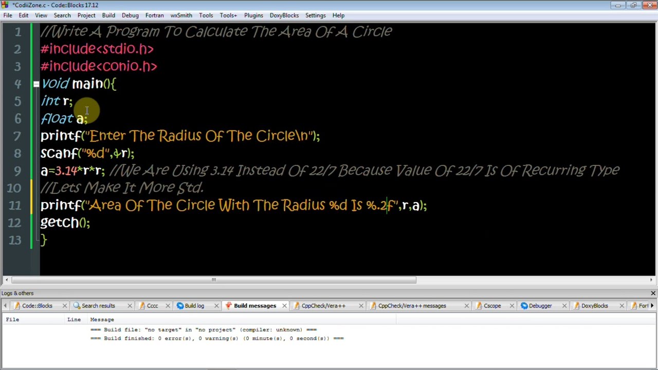 Area Of The Circle C Programming Codiizone Youtube 1394