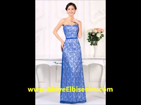 uzun abiye elbise strapless mavi dantel