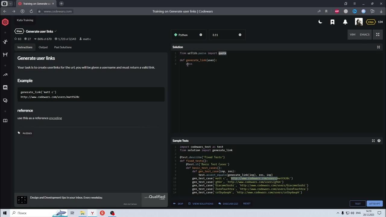 Решение задач Code Wars на Python. Generate user links. 8 kyu - YouTube