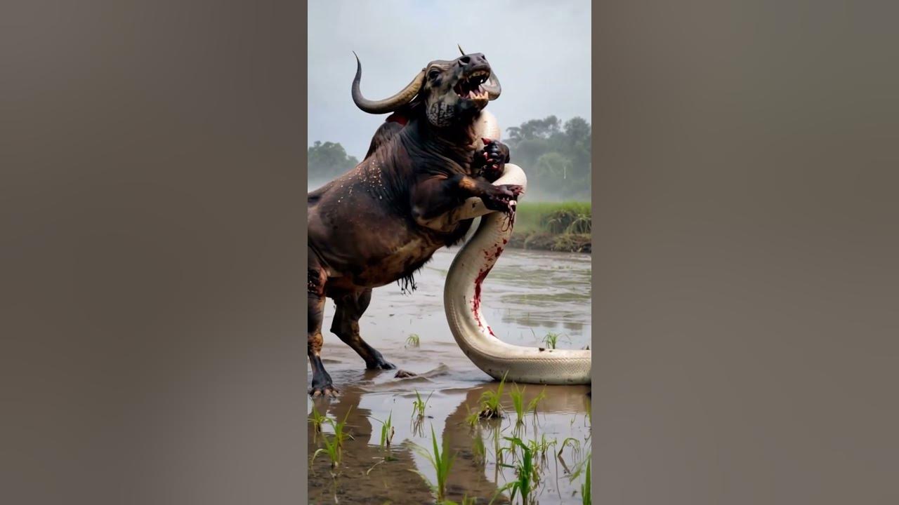 Tough image between giant python and buffalo in rice field #bigpython #wildlife #snake #animals ...