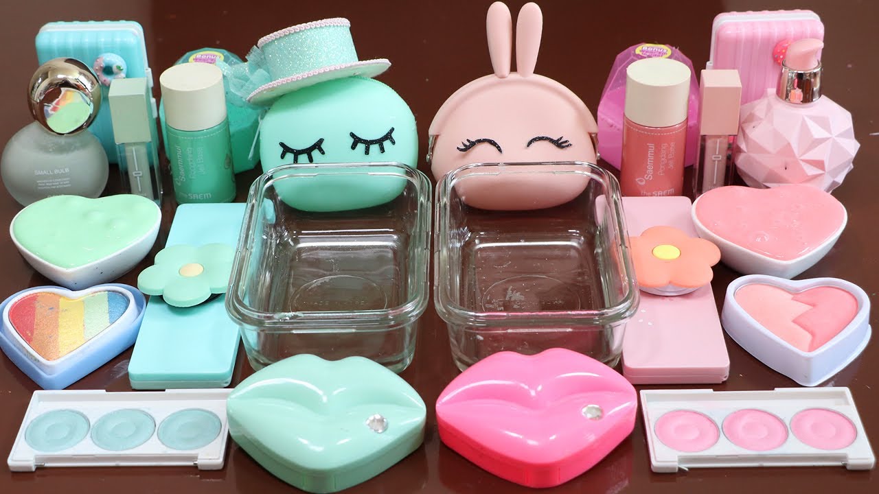 Mixing"Mint vs Pink" Eyeshadow and Makeup,parts,glitter Into Slime ...