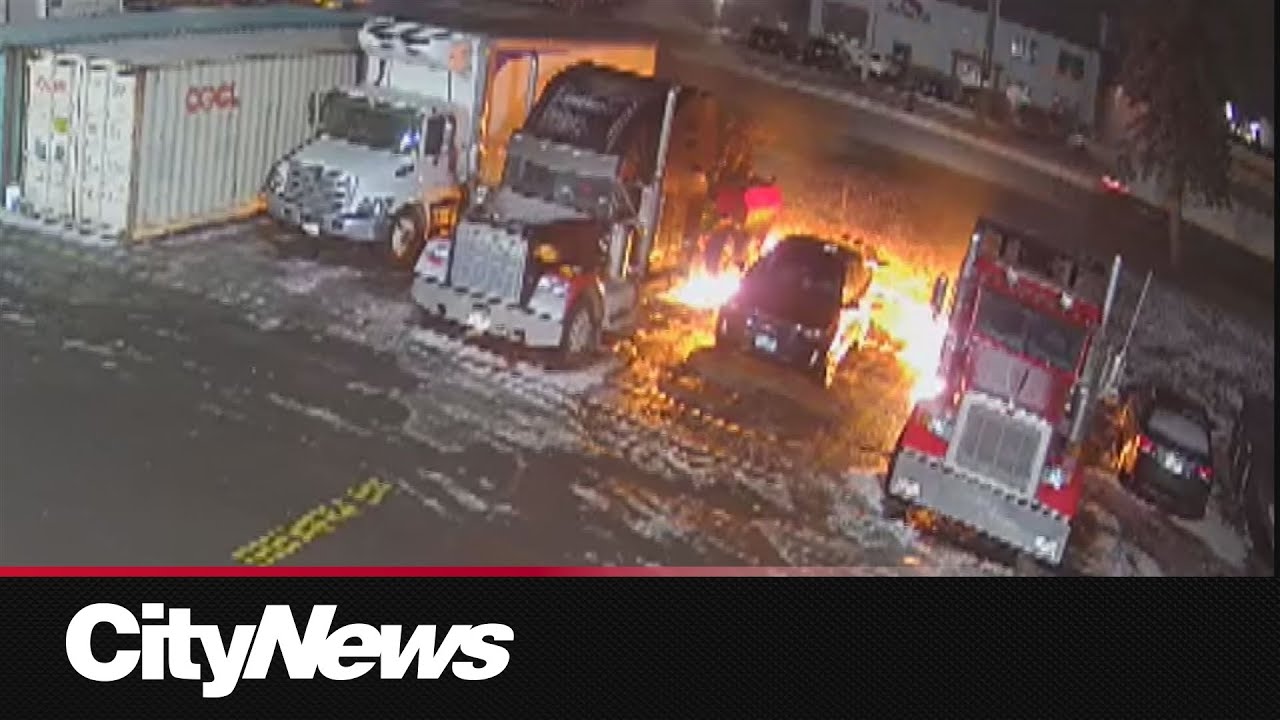 Caught on camera: Tow trucks set on fire in Brampton truck yard - YouTube
