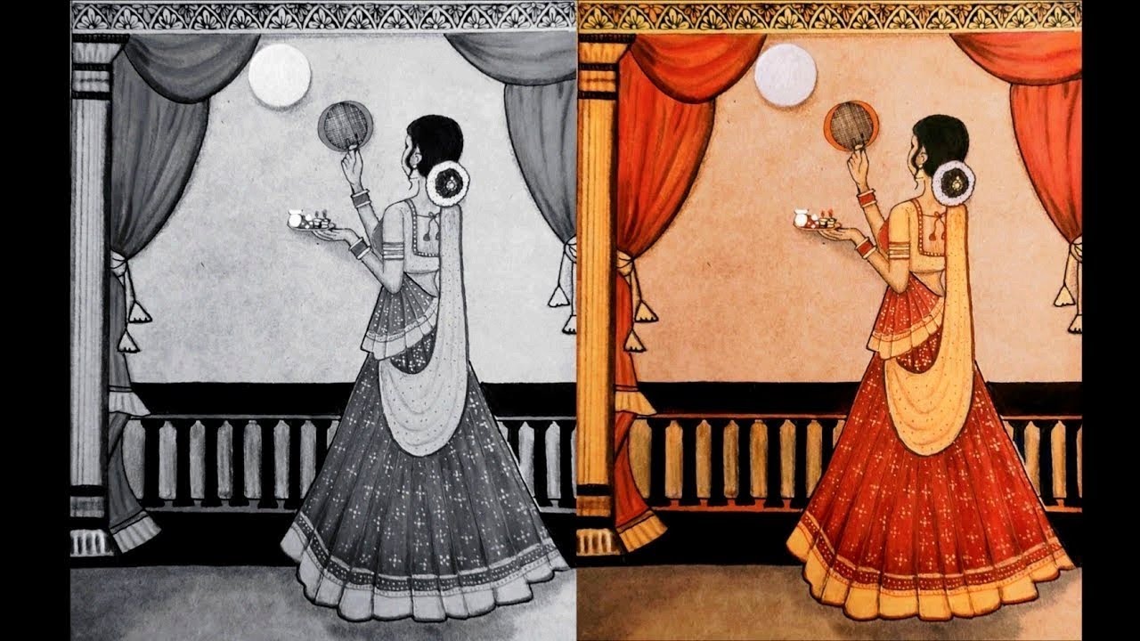 Traditional Karwa Chauth draw coloring|Karwa Chauth Pencil drawing ...