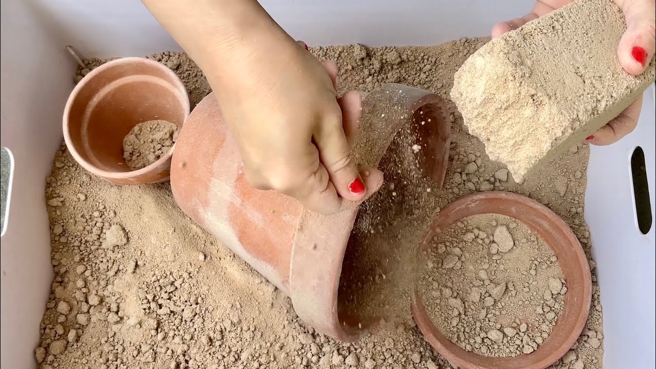 ASMR | Dry Crumbling Yellow Gritty Sand Over Clay Pots | Relaxing ...