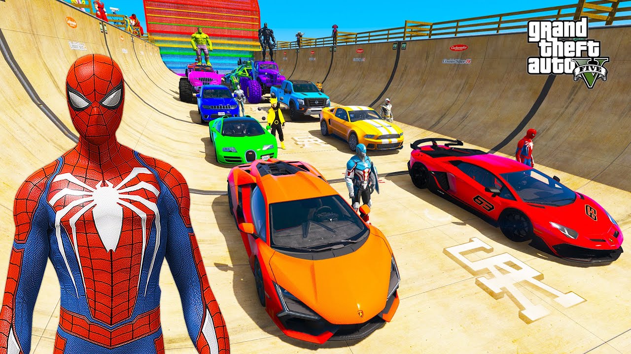 SPIDER-MAN 2 Epic New MEGA Ramp Stunt Race for CARS Racing! SuperHero ...