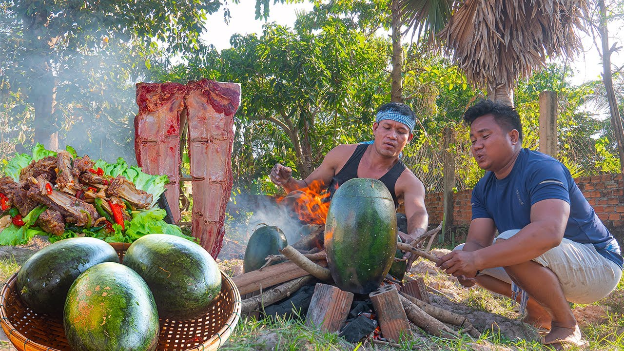 Ox ribs Cooked in Watermelon | Weird Cooking Beef Ribs | MUKBANG EATING ...