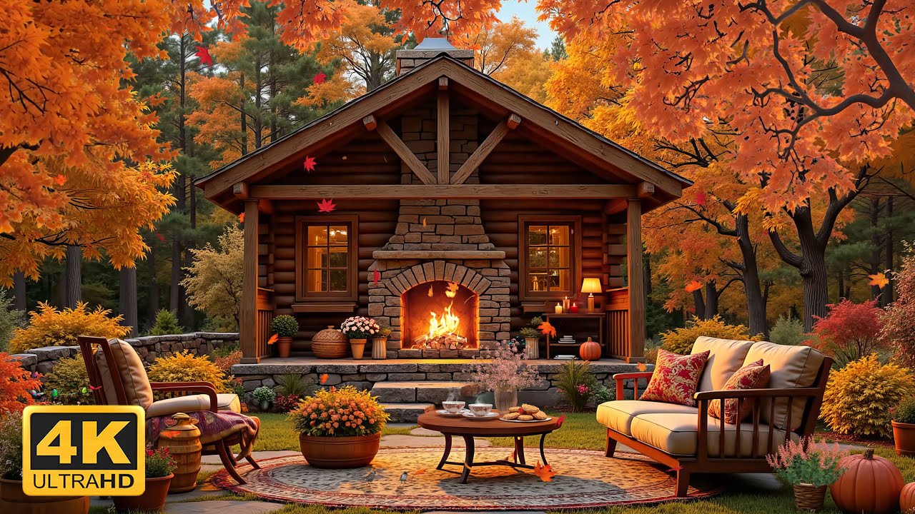 Autumn Forest Cabin 🍁 Warm Fireplace & Peaceful Piano 🎹 Cozy Fall ...