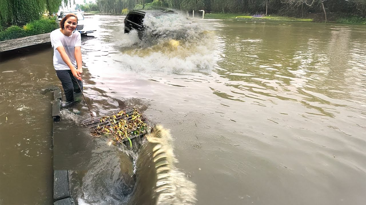 Draining Massive Flood By Unclogging Drain, Big Whirlpools & strong ...