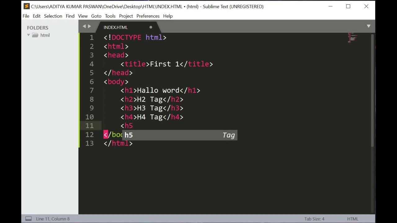 how to code html in sublime text. what is tags H1,H2,H3,H4,H5 and paragraph-P, Italic tag-i in ...