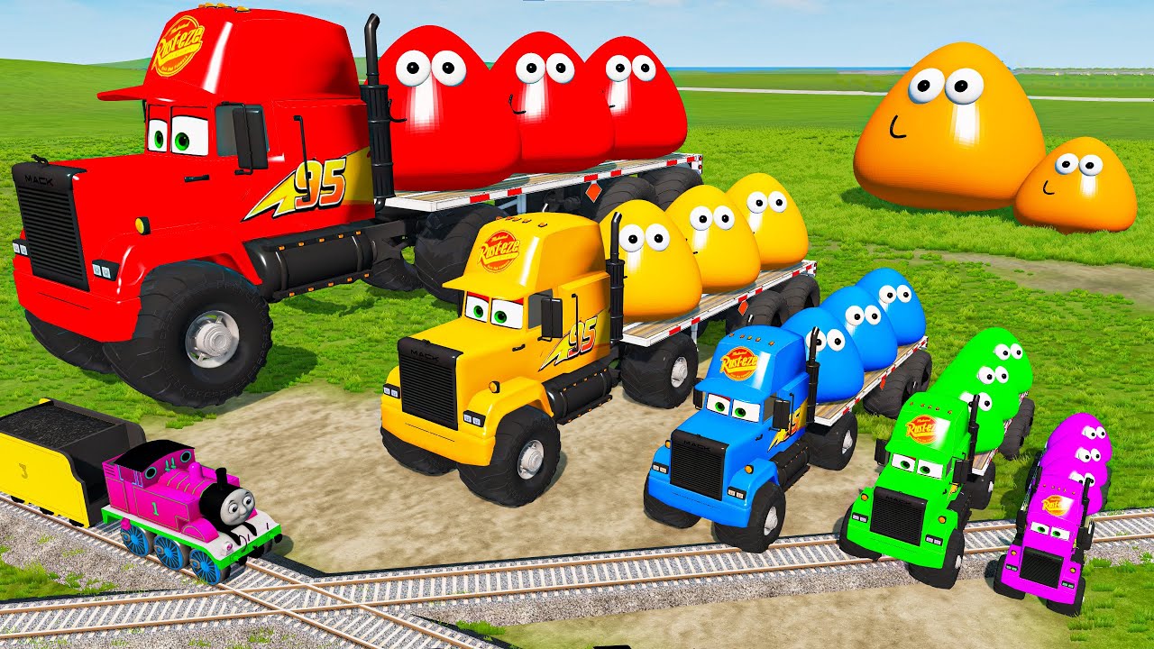 Big & Small Long Mack Truck with POU vs Thomas Trains - Cars vs Rails ...