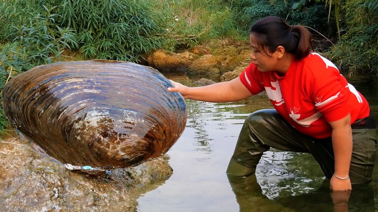 The girl caught a huge clam, and pearls were collected one by one - YouTube