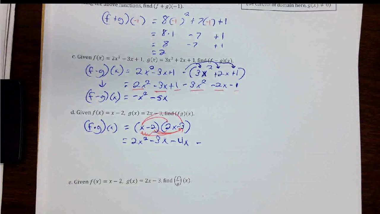 Algebra of functions: f+g, f-g, fg, f/g - YouTube